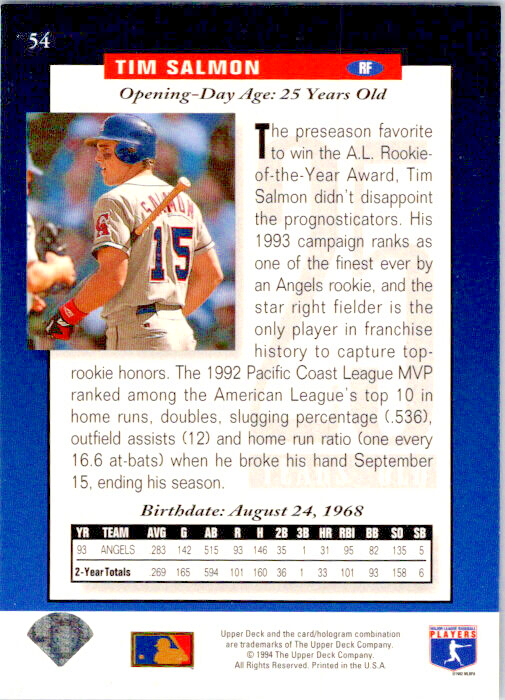 Tim Salmon 1994 Upper Deck #54 Baseball Card | eBay