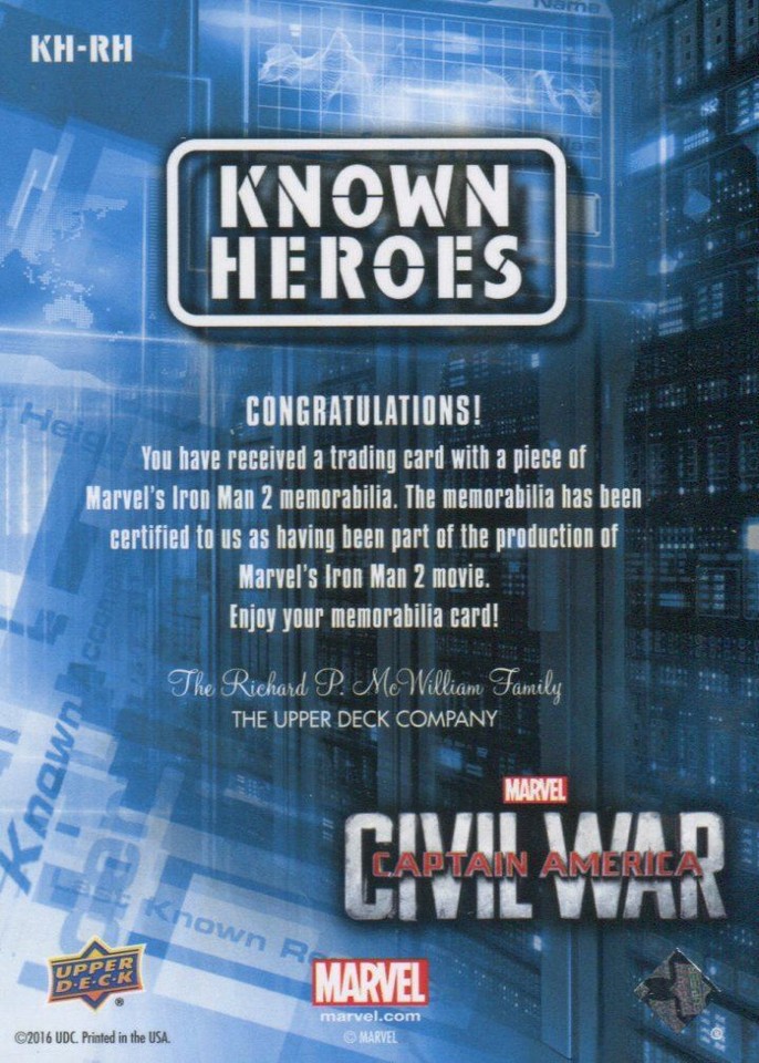 Captain America Civil War Movie Retail Col. Rhodey Rhodes Costume Card KH-RH | eBay