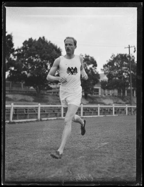 Athlete Dr Otto Peltzer of Germany competing in a track race, NSW,- Old ...