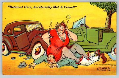 Car Crash Comic Funny Big Woman Wreck Cartoon c1940s Vintage Postcard ...