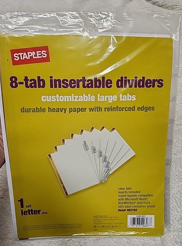 Staples 8-Tab Insertable Paper Dividers Clear Tabs Item# 462762 Letter ...