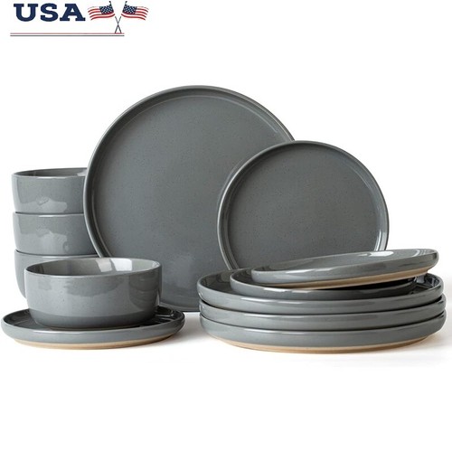 12 Piece Dinnerware Set Scratch Resistant Plates Bowls Stoneware ...