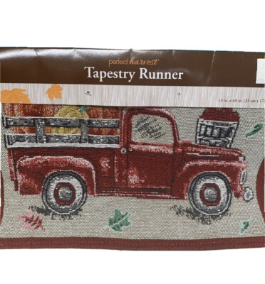 Harvest Fall Table Tapestry Runner Red Truck Pumpkins Apples Leaves 13 ...