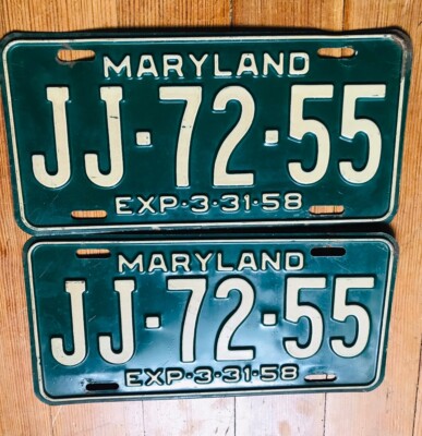 1958 Maryland JJ Matched Pair License Plate White/green JJ 72 55 Free ...