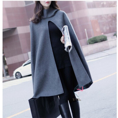 Cape Coat Women's Autumn Winter Medium Long Loose Wool Blend hooded top ...