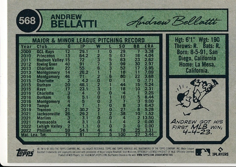 #568 ANDREW BELLATTI 2023 Topps Heritage High Number PHILADELPHIA ...