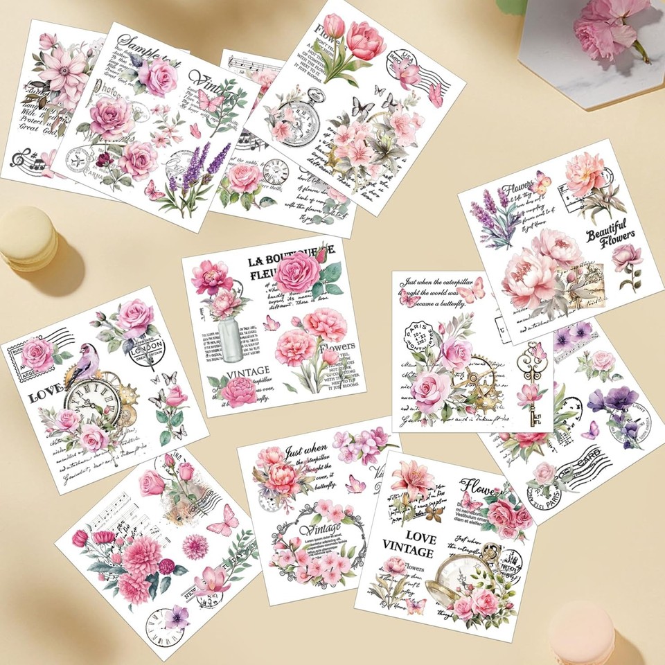 Vintage Floral Rub on Transfers for Crafts: 12 Pcs Pink Flower Rub on ...