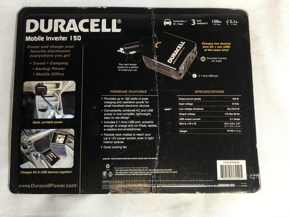 Duracell Power Inverter150w AC/USB For Inside Car New, Unopened | eBay