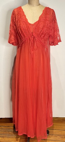 VTG RADCLIFFE RED SHEER CHIFFON&LACE FULL SWEEP PUFF NIGHTGOWN&PEIGNOIR ...