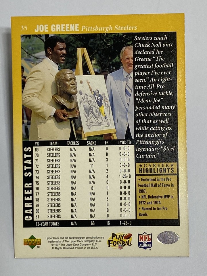 1997 Upper Deck UD Legends Autograph #35 MEAN JOE GREENE Auto Steelers ...