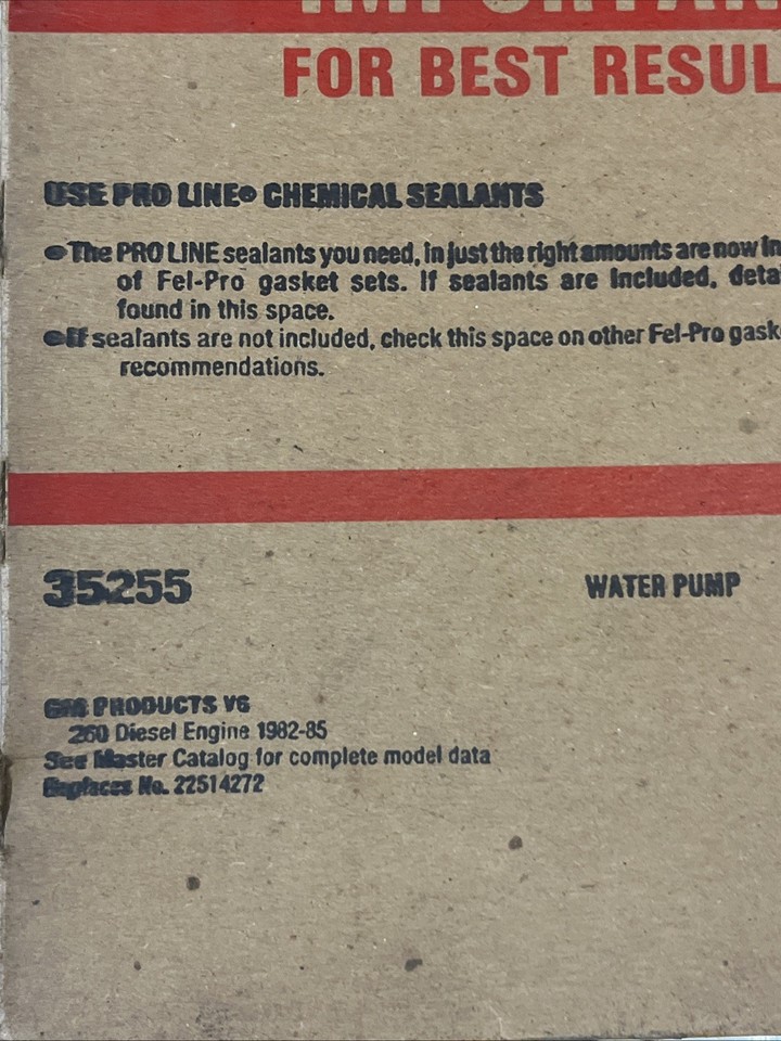 Fel-Pro 35255 Water Pump Gasket - NOS - For GM V6 260 Replaces 22514272 ...