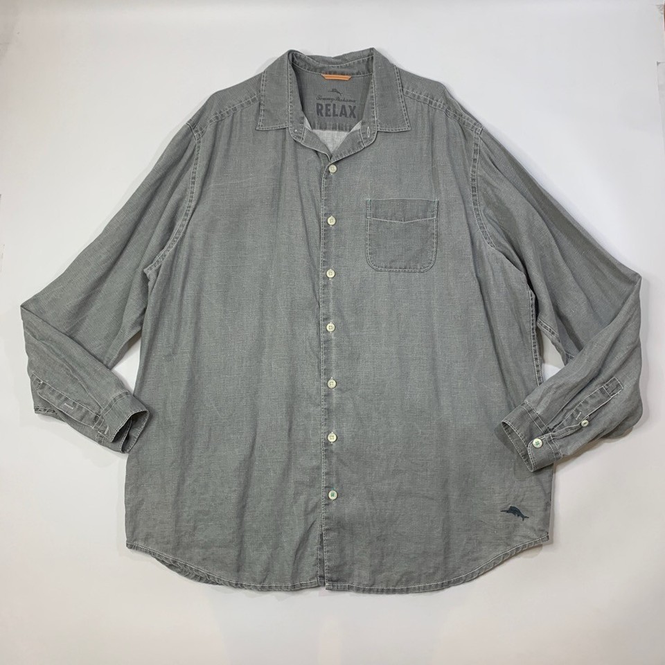 Tommy Bahama Shirt Mens XLT Tall Titanium Grey Linen Sea Glass Breezer ...