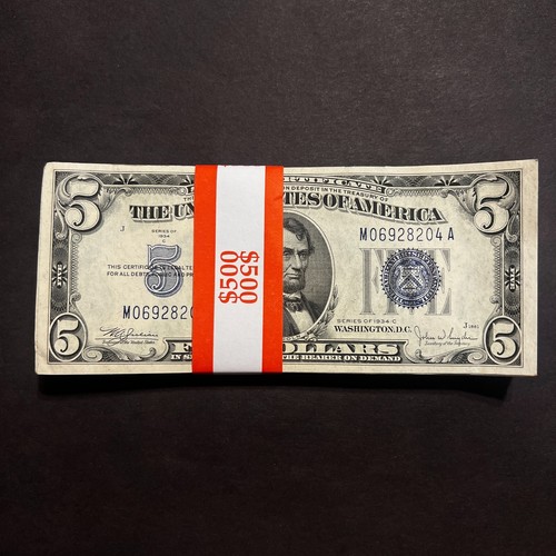 1934 Five Dollar Blue Seal $5 UNC CU From Pack Consecutive Uncirculated ...
