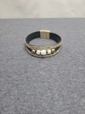 Black Banded Fashion Bracelet with Sparkel w/Gold & Pearl Beed's 8in | eBay