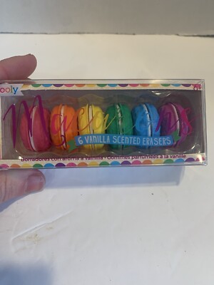 Macarons Vanilla Scented Erasers Set of 6 NEW IN BOX Rainbow Colors ...