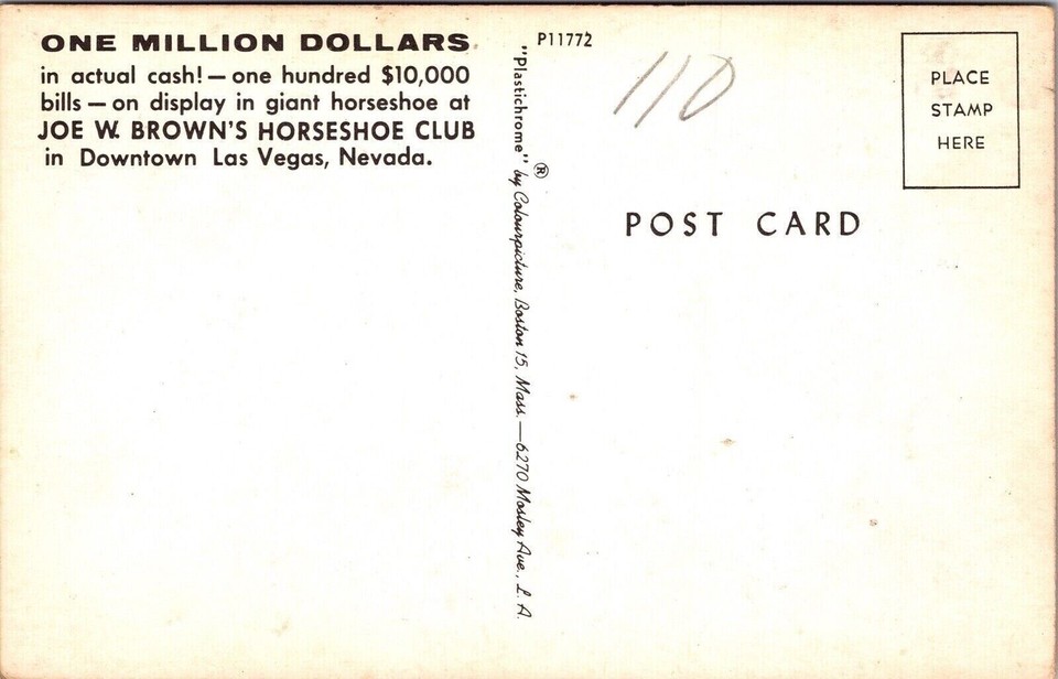 Joe W Browns Horseshoe Club Downtown Las Vegas Nevada NV Postcard UNP ...