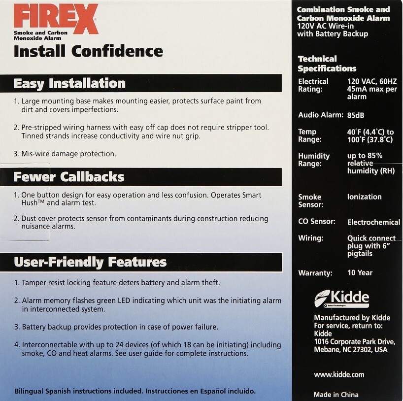 Kidde 21006377 Hardwired Combination Carbon Monoxide & Smoke Alarm for ...