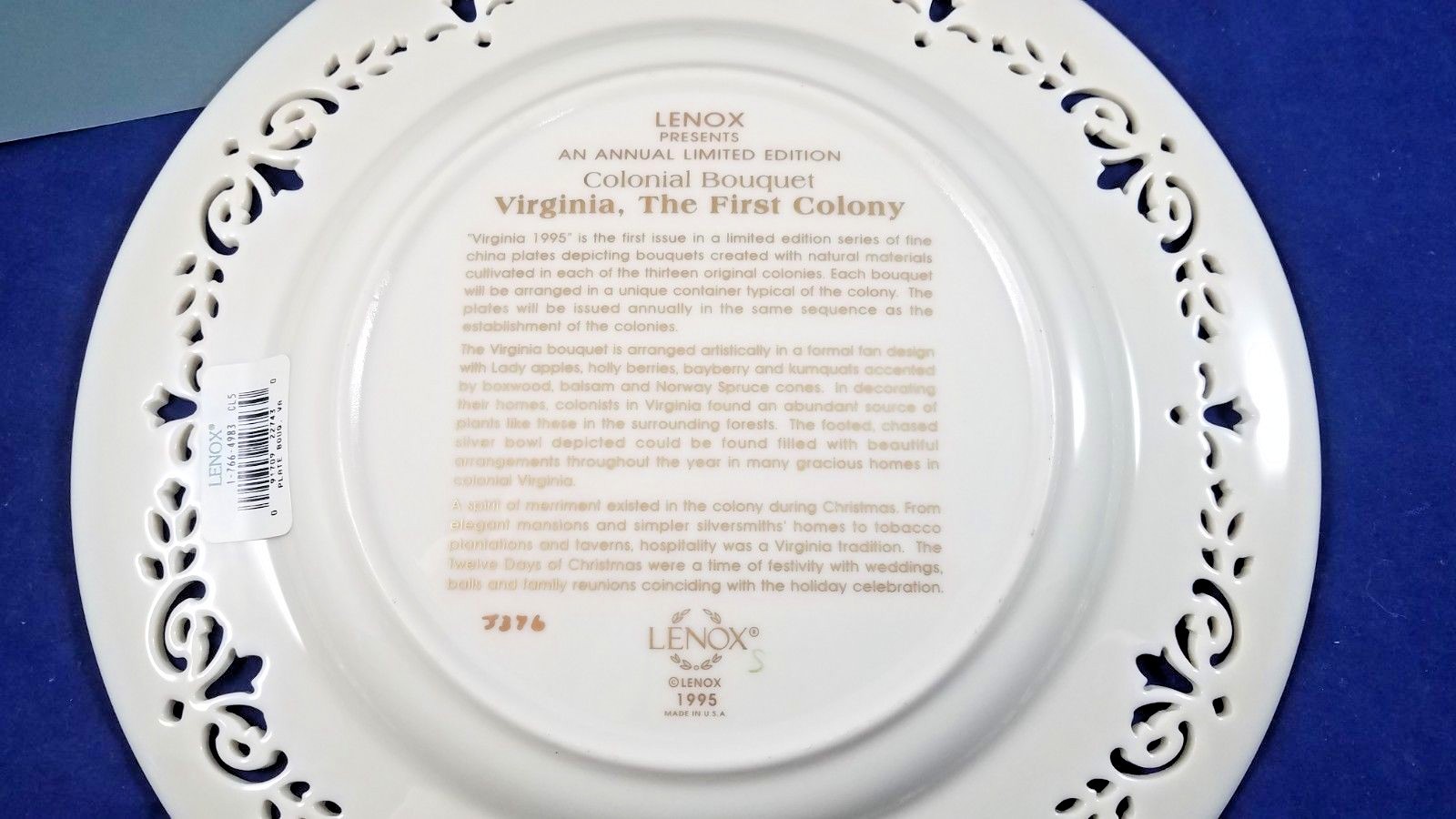 Lenox COLONIAL BOUQUET 1995 VIRGINIA FIRST COLONY PLATE 10 7/8" | eBay