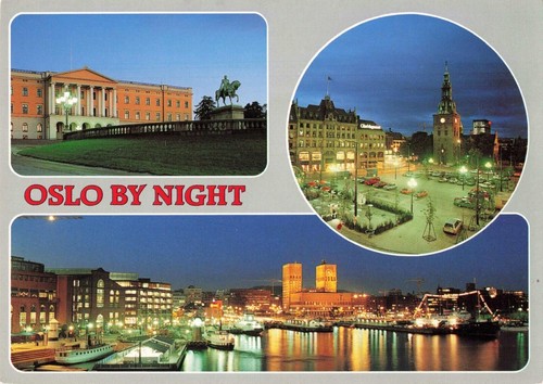 Oslo Norway, Night Lights City Skyline Cars Boats Multi View, Vintage ...