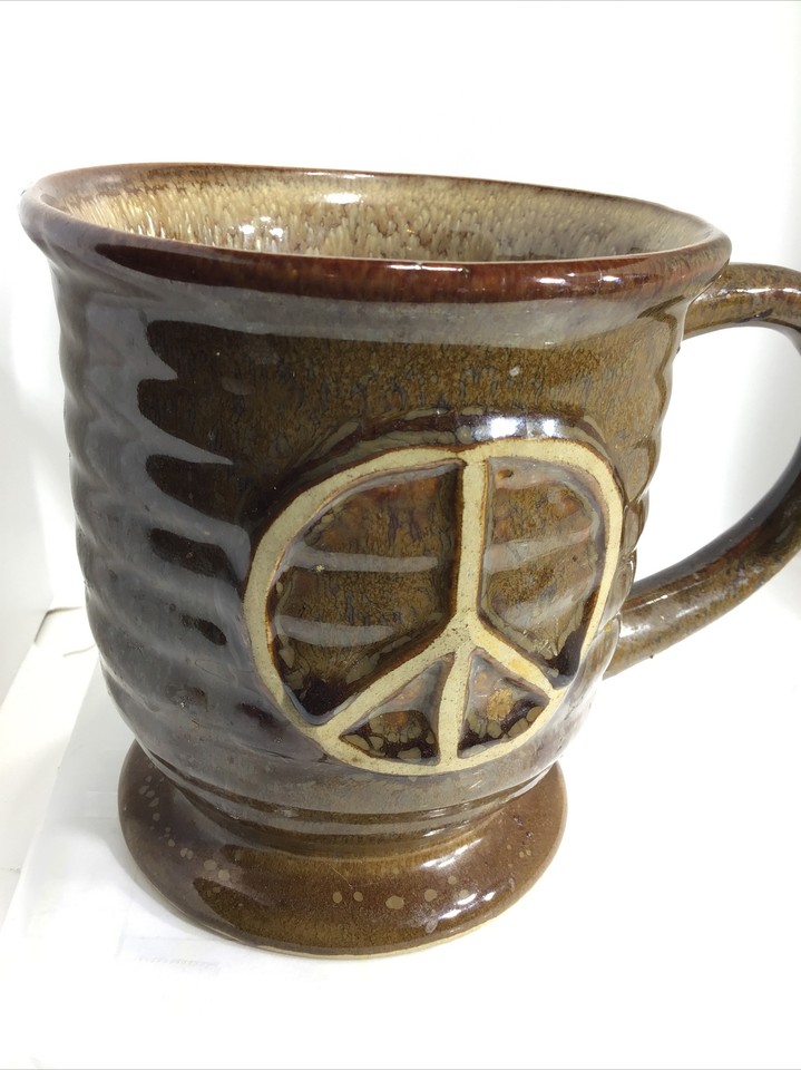 PEACE SIGN SYMBOL COFFEE MUG. BROWN DRIP PEACE MUG. HANDMADE POTTERY ...
