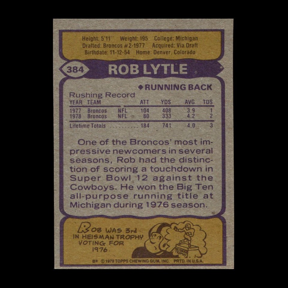 Rob Lytle 1979 Topps Denver Broncos #384 R311A 6 | eBay