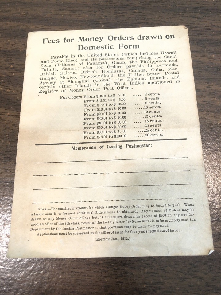 Antique 1912 Application for Domestic Money Order Fee List Post Office ...