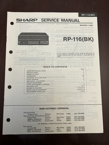 Sharp RP-116 Record Player Turntable Service Manual OEM Vintage ...