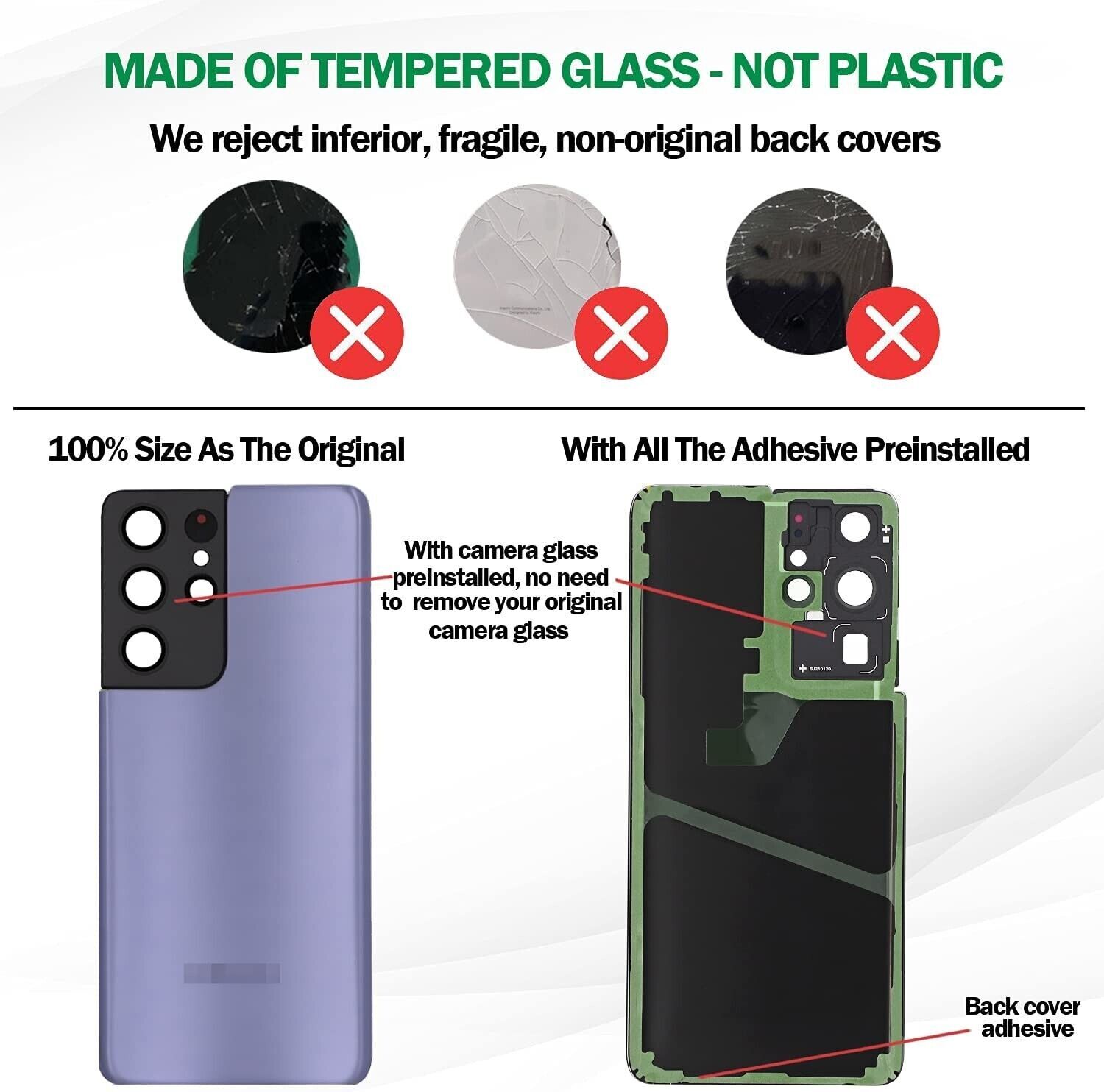 Back Glass Cover Replacement (With Lens) for Samsung Galaxy S21 S22 S23 ...