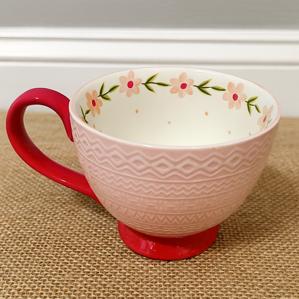 Potter’s Studio Footed Mug Pink & Red Embossed Ceramic Valentine Floral ...