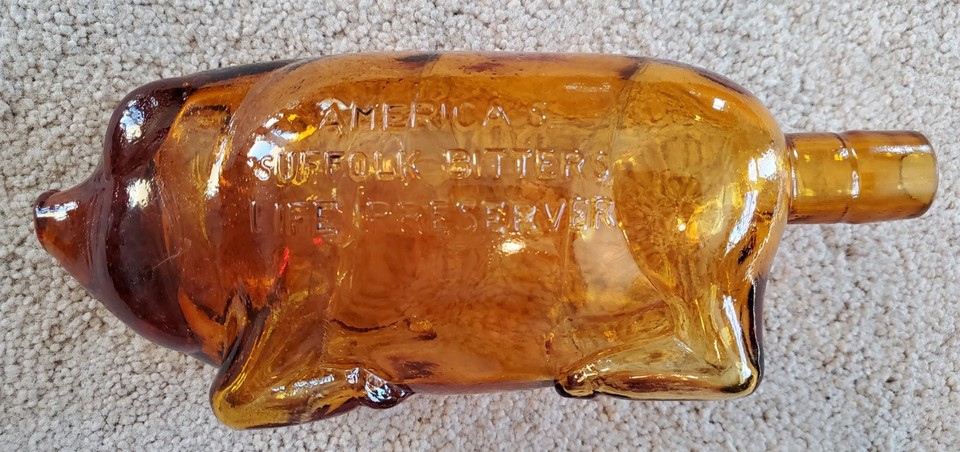 Vintage Suffolk Bitters Pig Americas Life Preserver Bottle Amber Glass ...