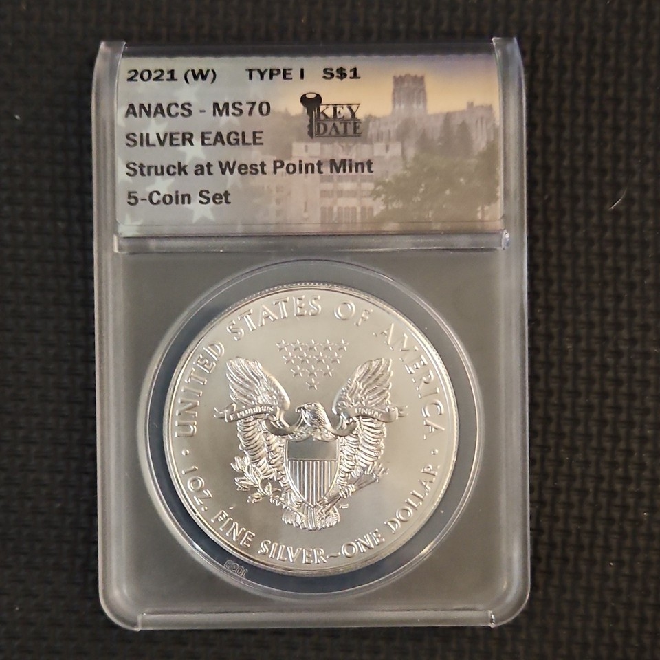 ANACS 2021 Silver Eagle MS70 5-Coin Set West Point San Francisco ...