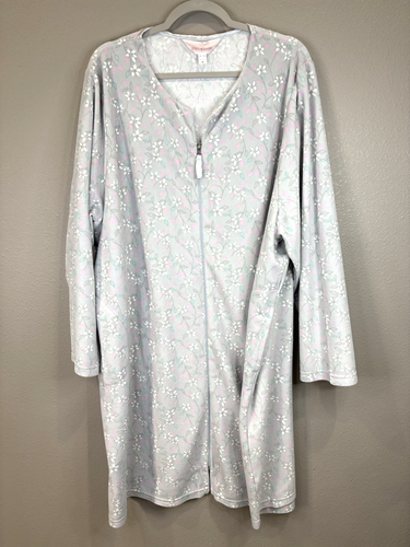 Stan Herman 3x Robe Gray Floral Fleece Day Gown Plush Zip Up Pockets | eBay