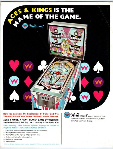 Aces & Kings Pinball Machine Flyer Original 1970 Vintage Retro Game ...