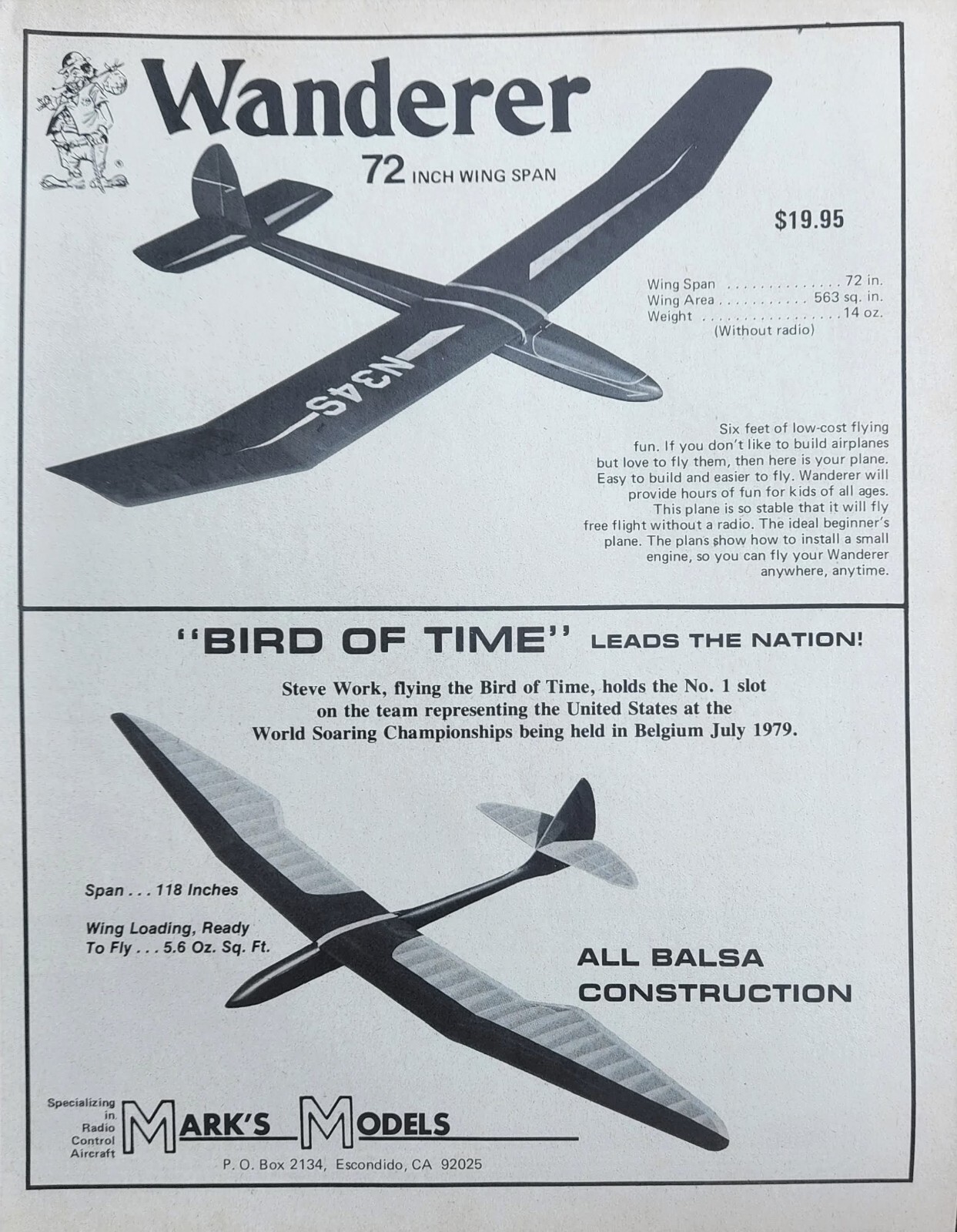 Bird of Time Sailplane Print Ad 1987 Marks Models Wall Art Decor ...