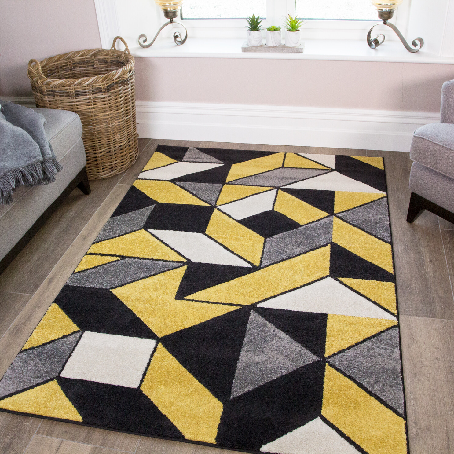 Ochre Mustard Rugs For Living Room Medium Size Yellow & Grey Geometric ...
