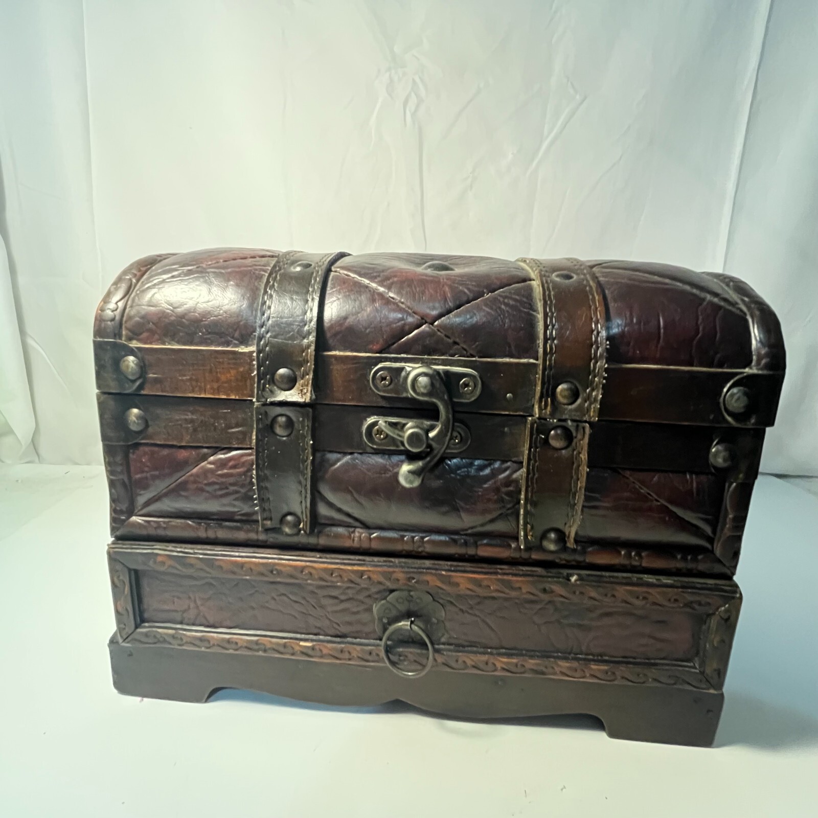 Quilted Faux Leather Round Top Chest Jewelry Box Brown Masculine Drawer ...