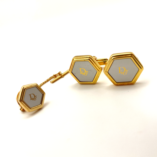 Christian Dior Cufflinks & Tie tack pin Gold color Logo | eBay