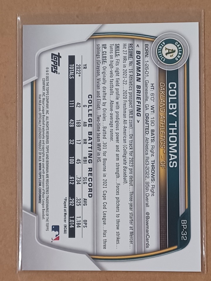 2023 Bowman Prospect Paper Colby Thomas #BP-32 1st Athletics Baseball ...