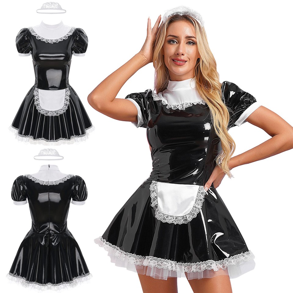 Women's Lace Dress Leather Maid Headband Dresses Apron A-Line Dresses ...