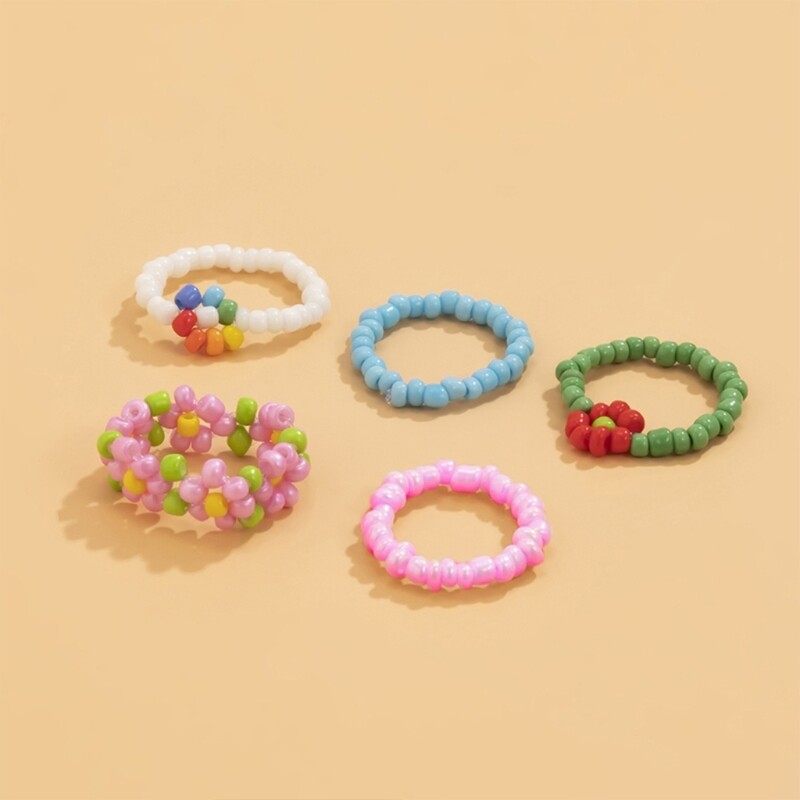 5Pieces/Set Adjustable Elastic Daisy Flower Bead Set Jewelry for Women ...