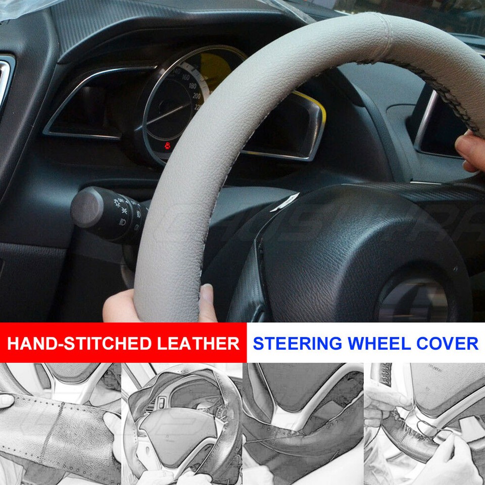 Gray Genuine Leather Steering Wheel Cover Wrap Sew-on 38CM DIY Kit For ...