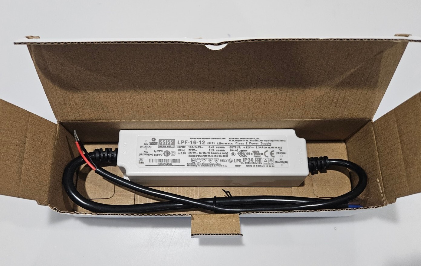 MeanWell LPF-16-12 16W 16WATT LED Power Supply 100-277VAC Input 12V DC ...