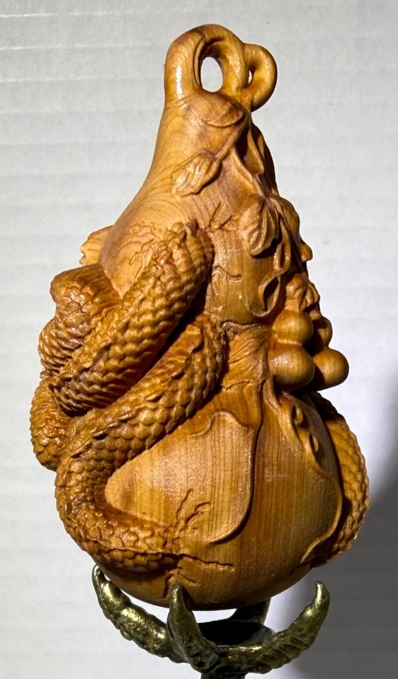 Fine Japanese Hand-Carved Cypress Wood Netsuke – Dragon Wrapped Gourd ...