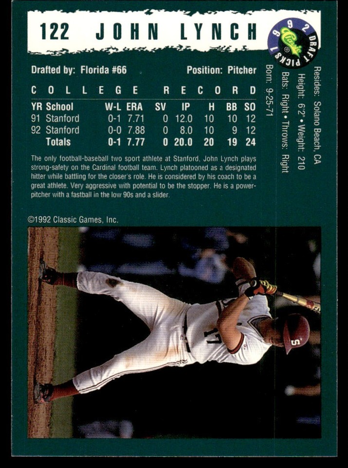 1992 Classic Draft Picks John Lynch Rookie Florida Marlins #122 | eBay