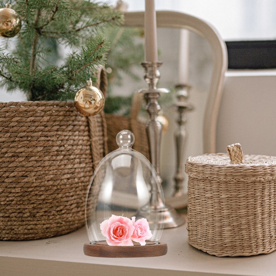Decorative Clear Glass Dome Flower Arrangement Holder Display with Wood ...