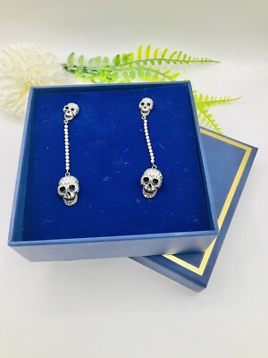 New Butler And Wilson Pewter Crystal Skull Dangle Drop Earrings 7.5cm ...