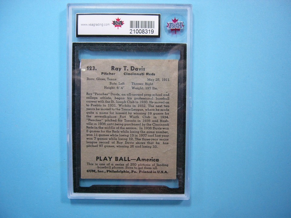 1939 PLAY BALL MLB BASEBALL CARD #123 RAY DAVIS ROOKIE RC KSA 5 EX ...
