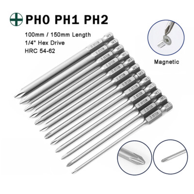 Magnetic Cross Head Screwdriver Bits PH0 PH1 PH2 LONG Phillips Bit 1/4 ...
