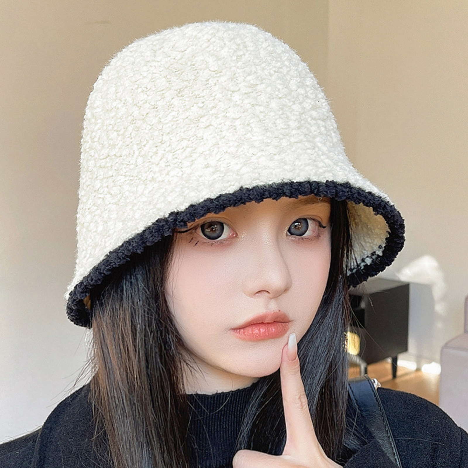 Bucket Hat Contrast Color Head Protection Sweet Women Winter Cap ...