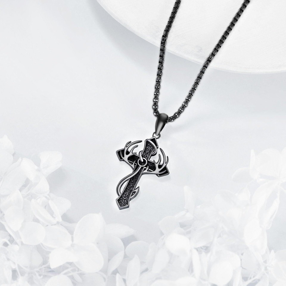 Fish Hook Cross Necklace for Men 925 Sterling Silver Black Cross ...